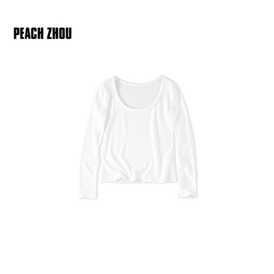 PEACHZHOU 竹节棉双层散边大U领正肩长袖T恤女宽松2026年早秋新款