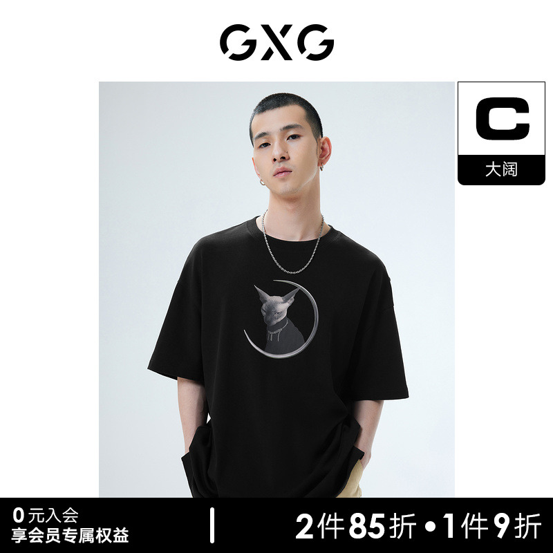 GXG男装潮流印花黑色圆领短袖T恤KYSHA CAT联名2022年秋季新品_虎窝淘