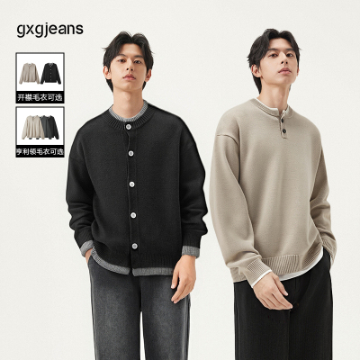 gxg.jeans男装多色假两件亨利领毛衣/开襟毛衣