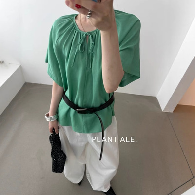 韩系天丝亚麻系带上衣