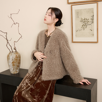 三彩【日暮初雪】2024冬季新款新中式环保皮草仿泰迪毛绒外套女C