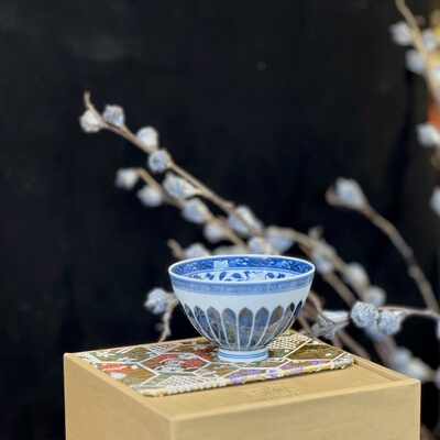 【元煦窑】青花 精工宝相鸡心杯 外宝相橘瓣纹 内缠枝宝相花