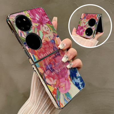 热瓜适用华为P50pocket手机壳Pocket2折叠屏保护套彩绘油画英文花朵电镀银边新款pockets创意高档视窗全包套