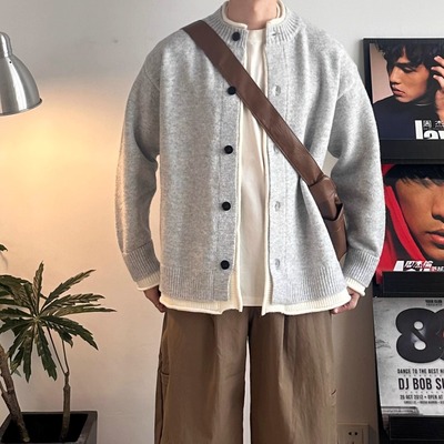 WHICHONE秋冬复古加厚假两件开衫毛衣男慵懒风宽松针织衫外套