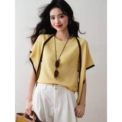 法式温柔风撞色边带披肩针织衫