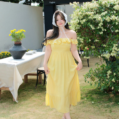 PSG微胖大码连衣裙小飞袖一字肩