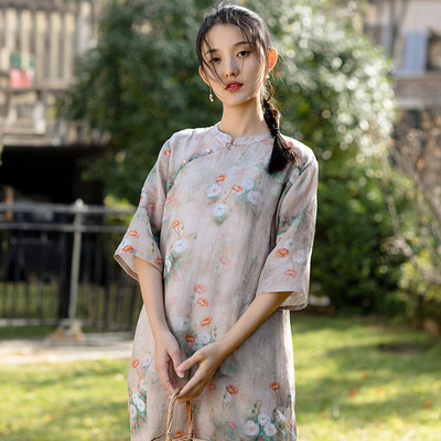 印花苎麻花卉新中式斜襟旗袍裙