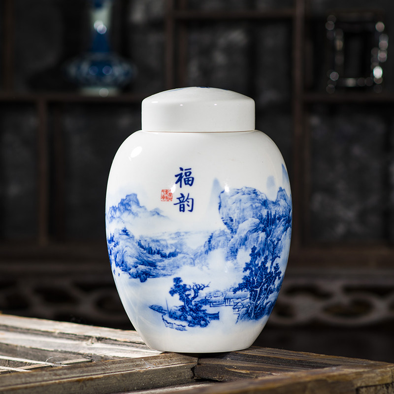 一斤装陶瓷茶叶罐大号茶罐青花瓷釉下彩密封罐景德镇制春茶罐高档