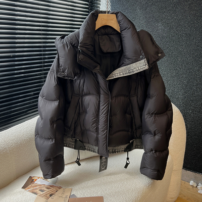 above deck 2025冬季新款羽绒服女短款牛仔拼接压胶直充连帽外套