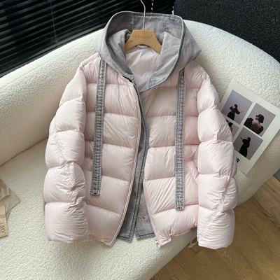 高端牛仔拼接假两件羽绒服女短款韩版宽松加厚保暖时尚羽绒袄水洗