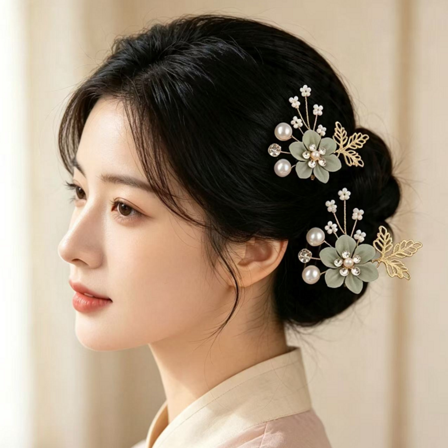 新中式浅绿花朵发簪套装古风珍珠U型发钗汉服盘发新娘温婉头饰