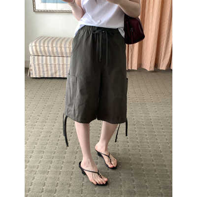 实拍松紧腰休闲百搭阔腿裤女重工大口袋抽绳工装裤五分短裤Y3891