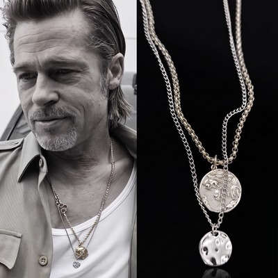 布拉德·皮特 Brad Pitt 同款叠戴金银色狮子牌牌项链型酷长项圈
