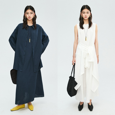 MRS Studios 法国诺曼底亚麻清透度假风无袖 背心A字连衣裙/衬衫