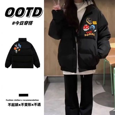 美式潮牌痞帅印花棉衣棉服秋冬季男女外套新款加厚情侣保暖面包服