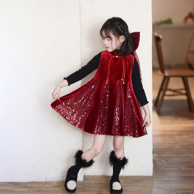 女童冬季加绒珠片丝绒礼服裙