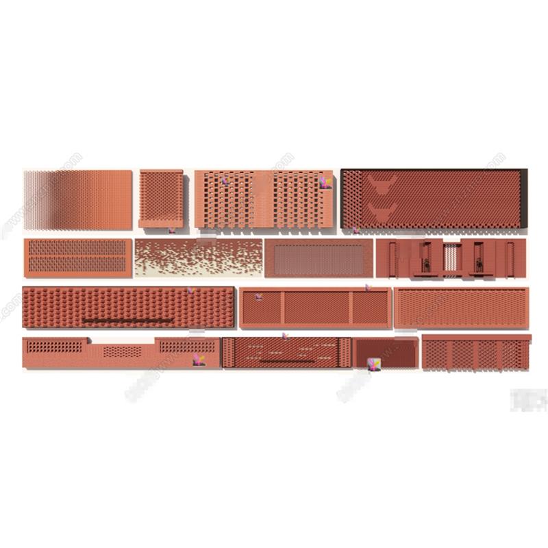 5199现代红砖景墙 镂空砖墙 景墙围墙 创意景墙 红砖展览墙SU模型