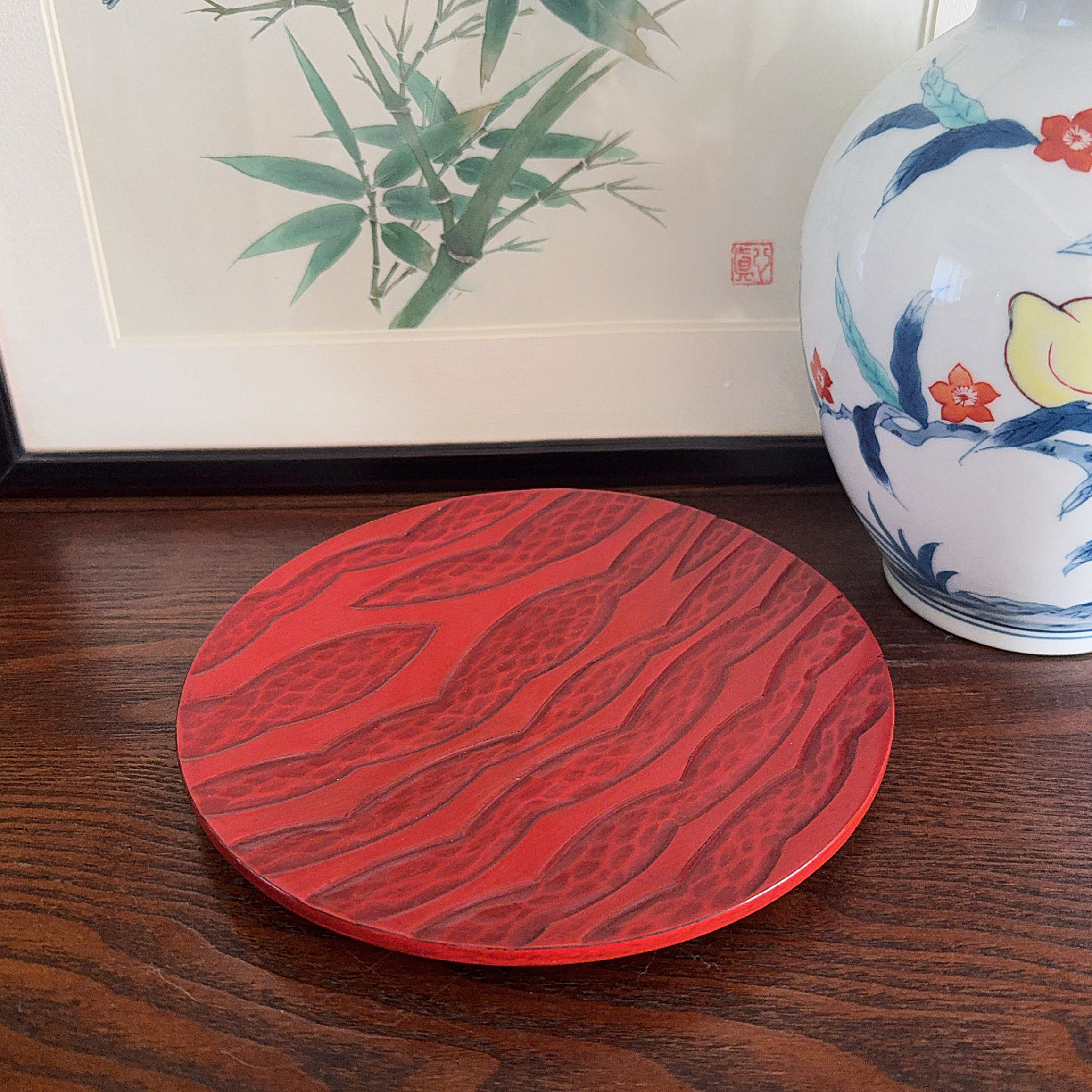 镰仓雕 名家 松仙作 手雕实木盘 茶盘 果盘 赏盘 壶承