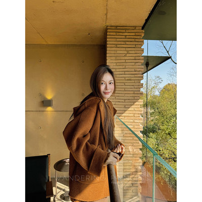 钱美西 110支95澳毛立体剪裁 手工立缝双面呢细支驼绒连帽大衣女