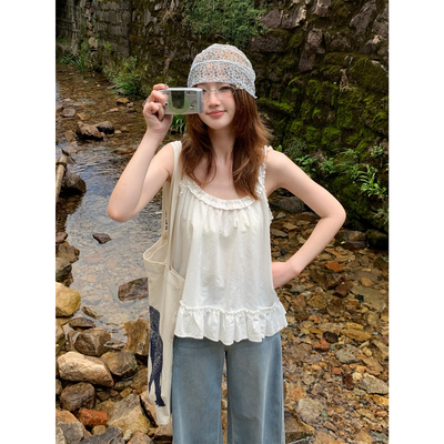 木耳花边抽褶吊带无袖背心