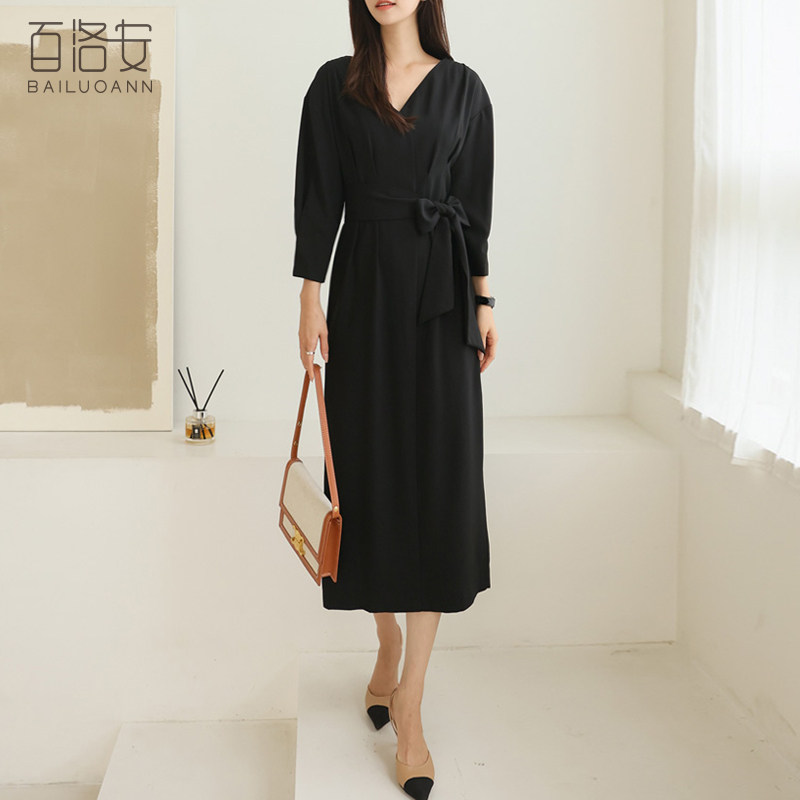 百洛安时尚V领七分袖连衣裙女夏秋气质通勤OL高腰显瘦中长款裙子