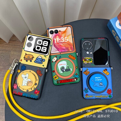 卡通猫咪小狗适用三星zflip6折叠屏手机壳novaflip磁吸小米mixflip保护套p60宝盒pockets荣耀magicvflip支架3