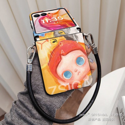 高级感皮纹油画猫咪涂鸦女孩适用摩托罗拉razr50手机壳razr60ultra新款Moto razr50ultra铰链中轴全包保护套