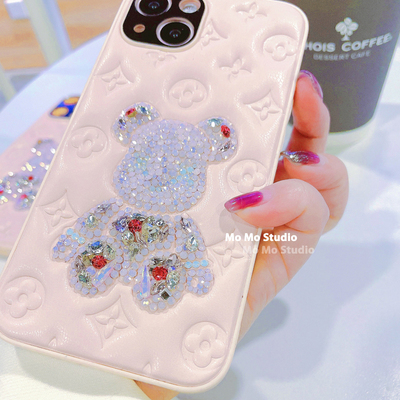 苹果iPhone15皮纹可爱小熊手机壳