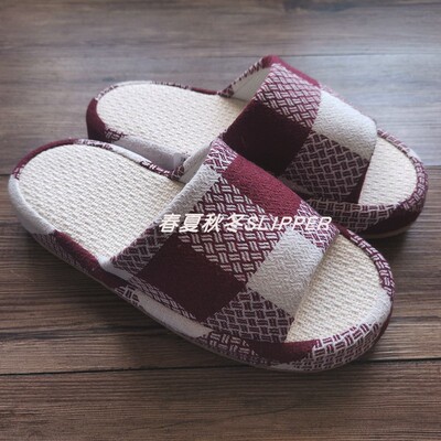 2025日单新品拖鞋春夏男女情侣款方格棉麻厚底家居地板静音防滑拖