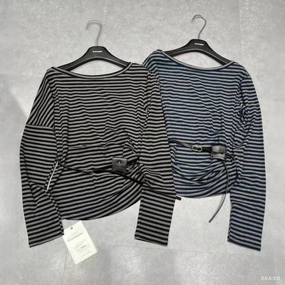 BSMD正品长袖条纹T恤女斜边一字露肩透气减龄气质女人味显瘦宽松T