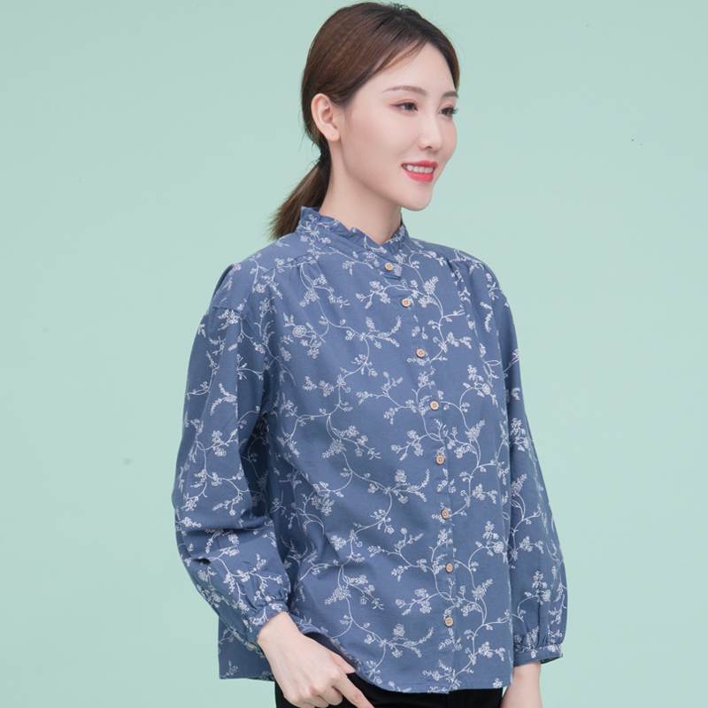 富木2021秋季新品宽松立领衬衫女复古文艺绒布衬衣纯棉CF-3351_虎窝淘