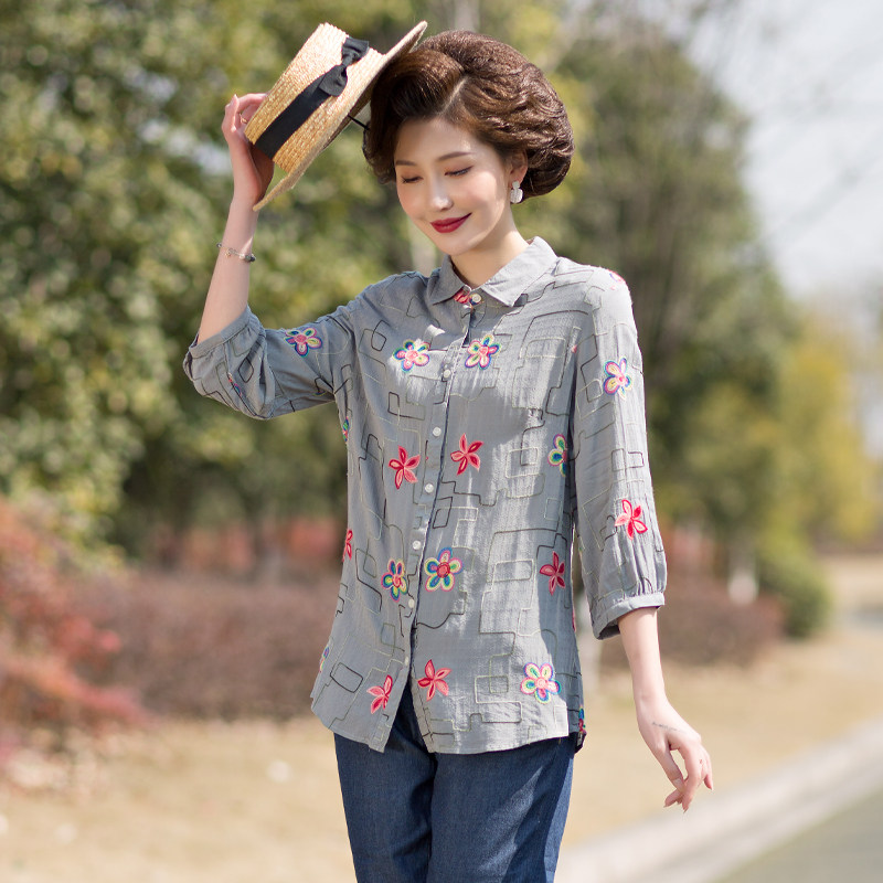 富木妈妈装民族风上衣女夏季衬衫中袖绣花中老年女装WZ-19092-G
