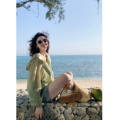 花吉青提绿天丝连帽长袖衬衫外套