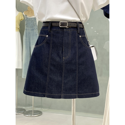 精致贵气深蓝色牛仔半身裙配腰带