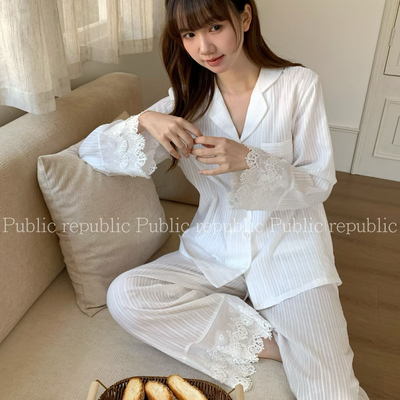 Public republic韩国春季纯棉简约甜美刺绣蕾丝花边开衫家居服女