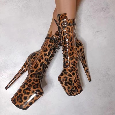 20cm钢管舞豹纹超高跟靴