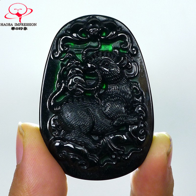 豪8印象L26022L665翡翠生肖鼠吊坠天然缅甸冰糯种墨翠金鼠玉挂件