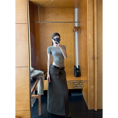 superniniyy 飒气重工立体圆角口袋设计工装风前开叉半身裙长裙女