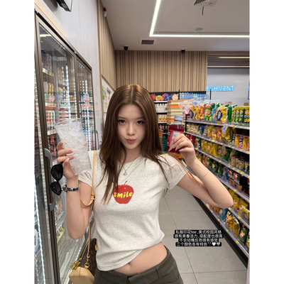 superniniyy 2026美式生活感苹果字母印花百搭正肩圆领短袖T恤夏