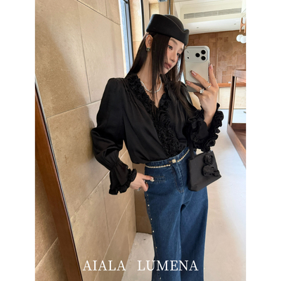AIALA LUMENA-玄荷雾缎V领木耳边衬衫S21572