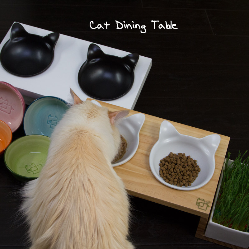 ViviPet实木碗架宠物食具 双碗架/陶瓷猫碗/猫水碗/猫草碗猫餐桌