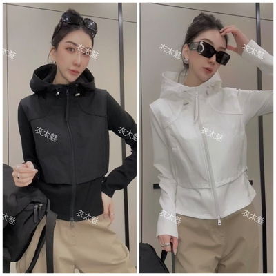 2026早春新款法式时尚设计拉链连帽长袖拼接假两件外套连帽女装