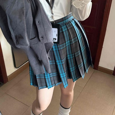 花千猪新品 松岛格裙  jk制服校供感a字型百褶裙蓝绿格百搭款jk裙