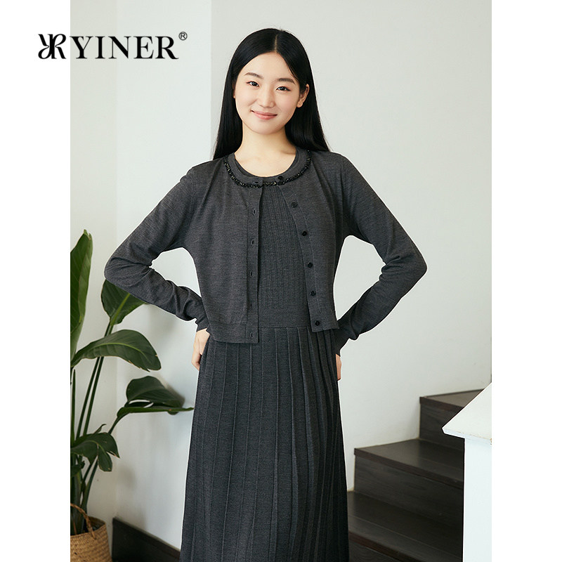 YINER音儿专选女装秋季时尚丝光高智百搭通勤开衫式假两件连衣裙