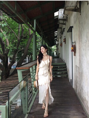 多层波浪荷叶边吊带裙