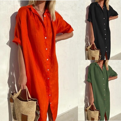 Women's Elegant Casual Loose Short-sleeved Button Dress tton