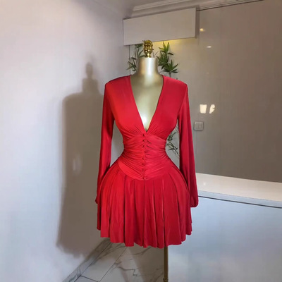 Women's Pleated V-neck French Elegant Slim-fit Tight Waist S