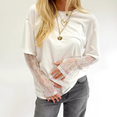 Lace Stitching Sexy Crewneck Niche Design T-shirt