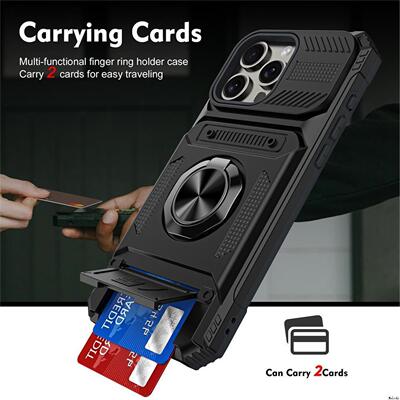 适用于iPhone13 14 15 16 17 Pro Max Case Card Holder Ring Stand Cover苹果16e/se4隐藏式插卡17air防摔壳