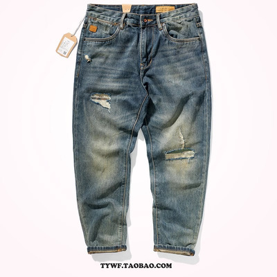 fromwrting 补丁牛仔裤男破洞贴布直筒潮刷白猫须做旧锥形牛仔